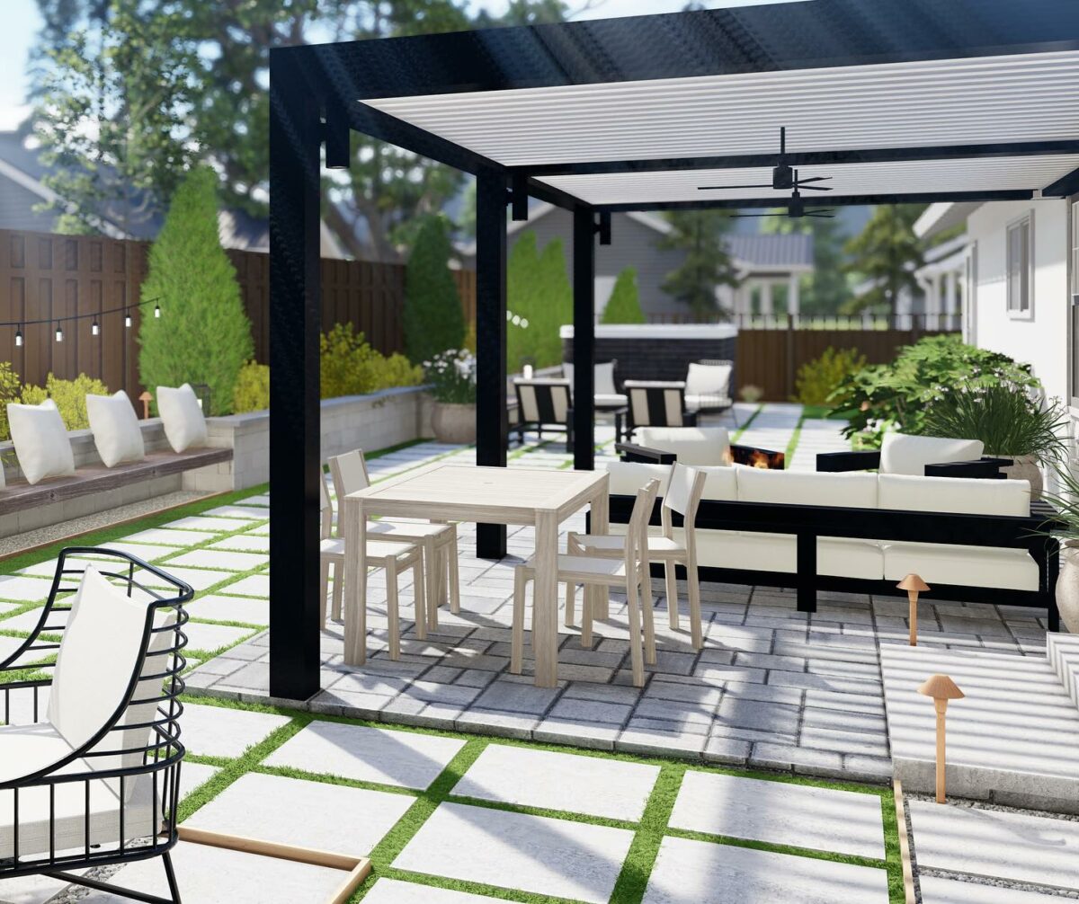 Techo-Bloc Pavers and Turf with Pergola - FG Pavers and Turf