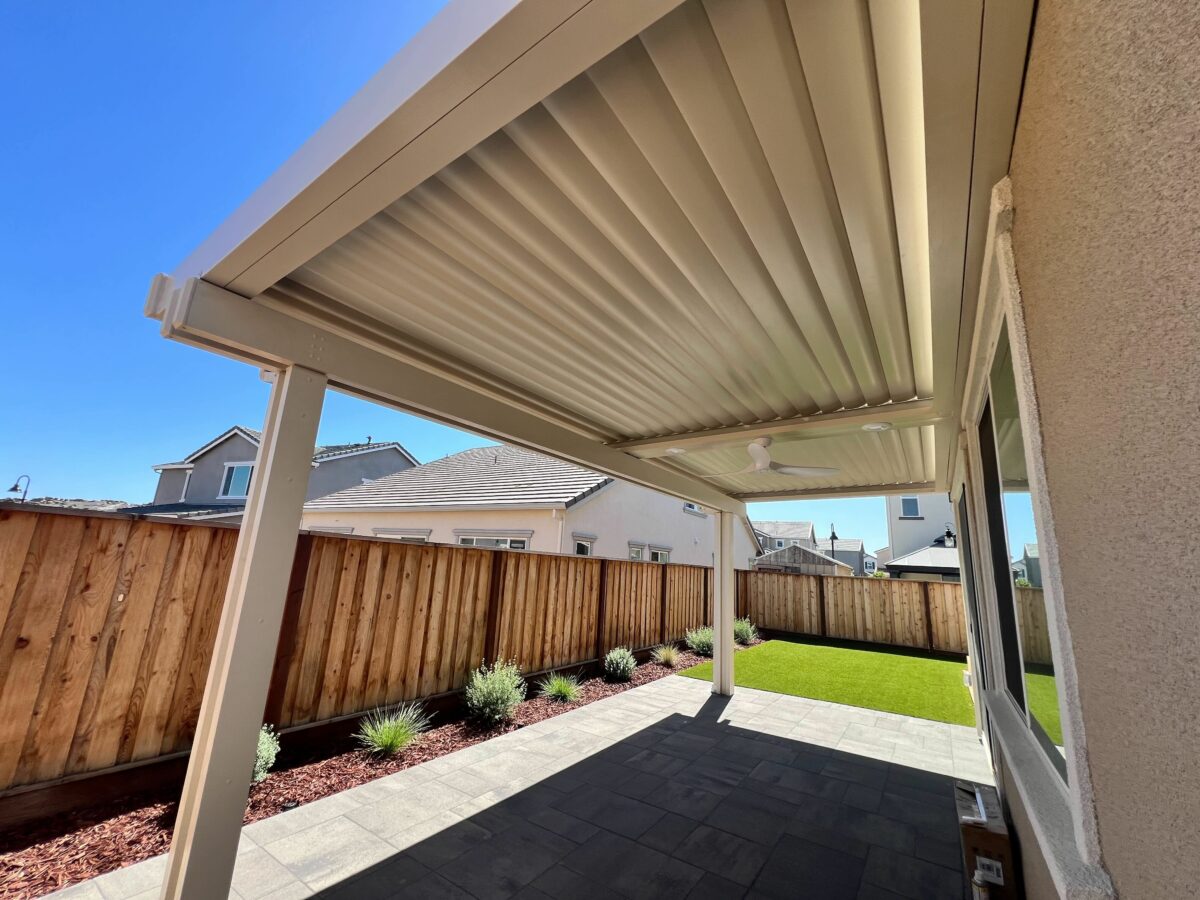 Backyard Transformation with Louvered Patio Cover - FG Pavers and Turf